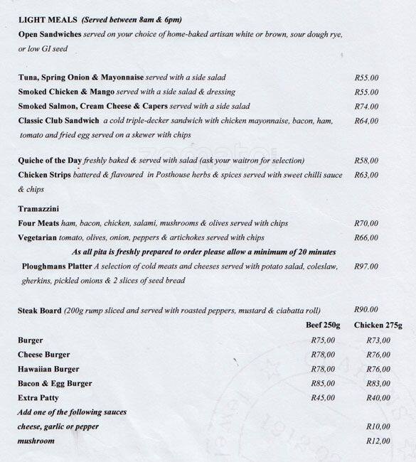 Menu at Post House Restaurant Clarens, Clarens