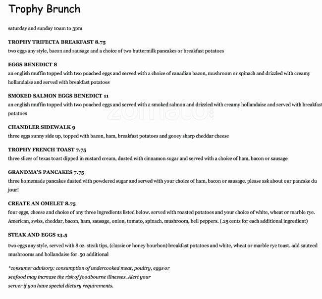 Menu at Trophy Room pub & bar, Boston