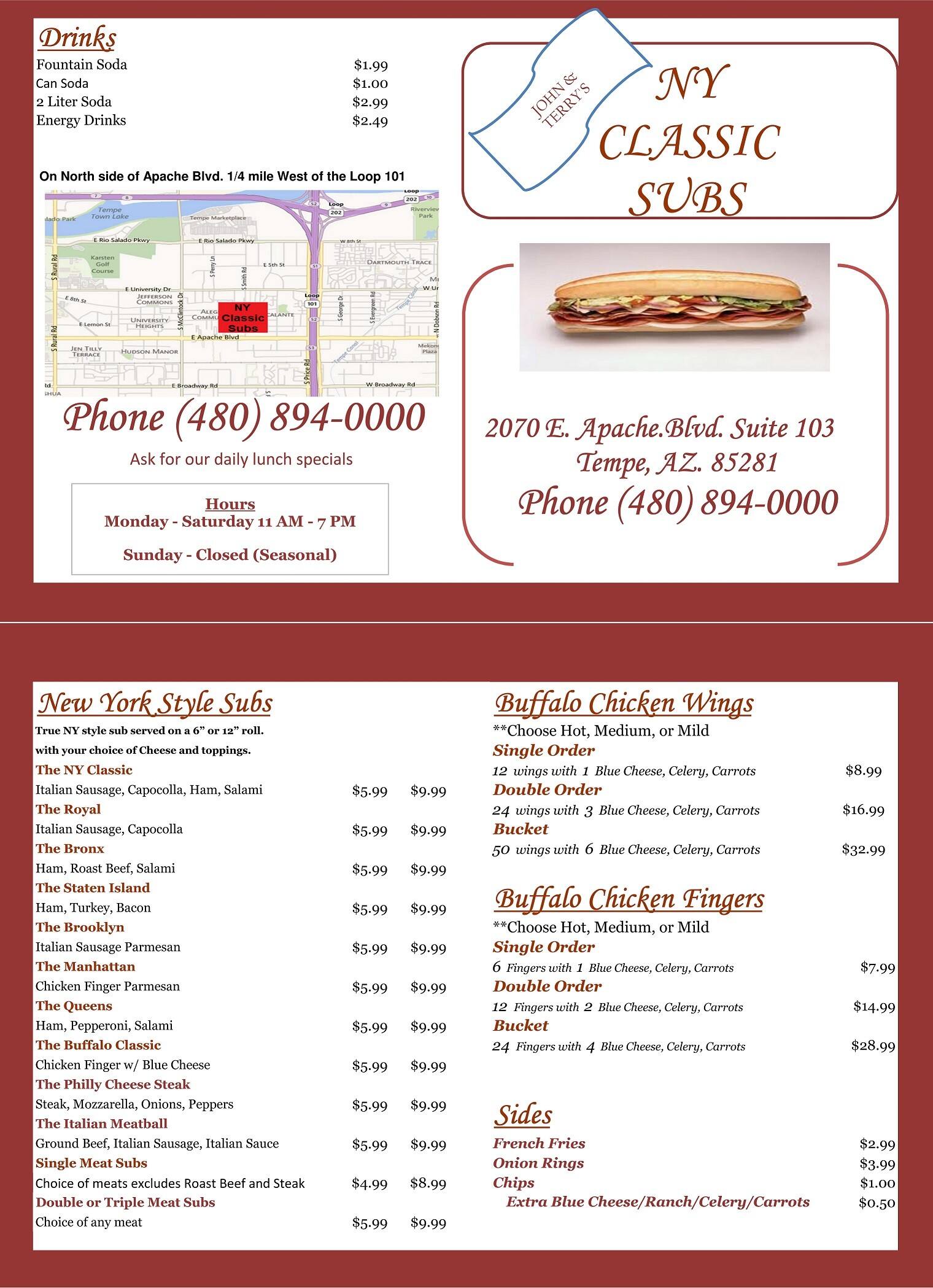 NY Classic Subs Menu, Menu for NY Classic Subs, Tempe, Tempe ...