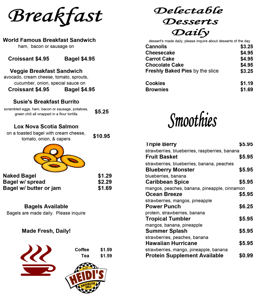 Menu at Heidi's Brooklyn Deli restaurant, Auburn