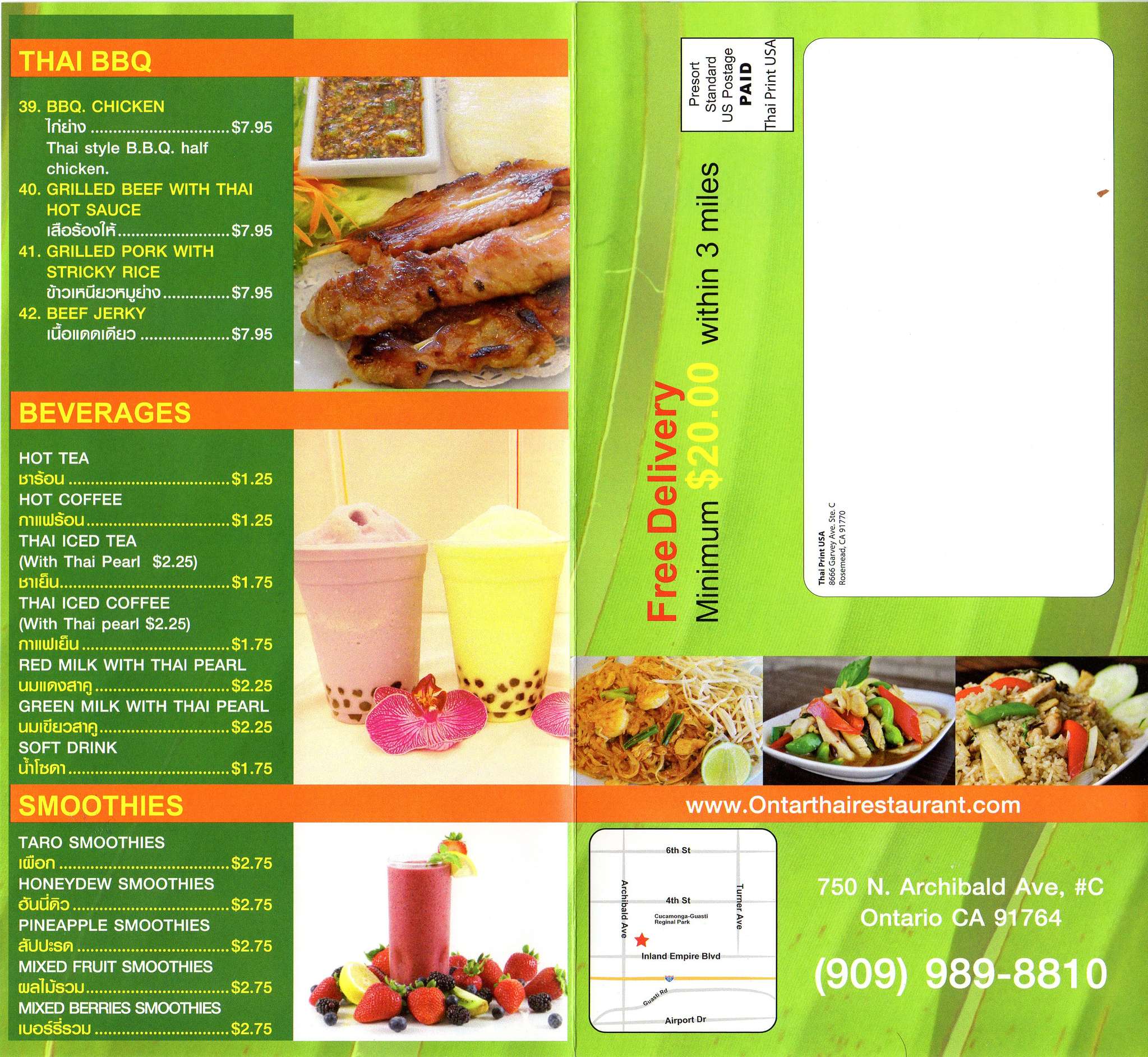 Menu at Ontar Thai Restaurant, Ontario