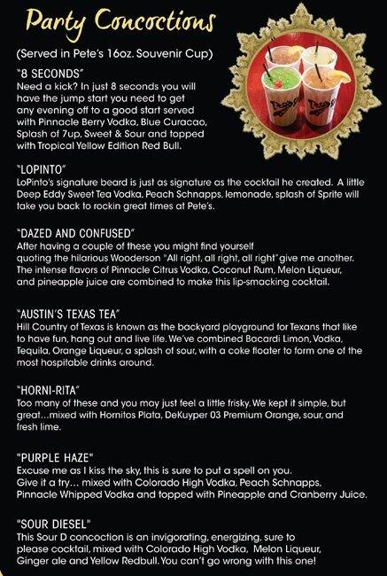 Menu at Pete's Dueling Piano Bar, Addison, Belt Line Rd #200