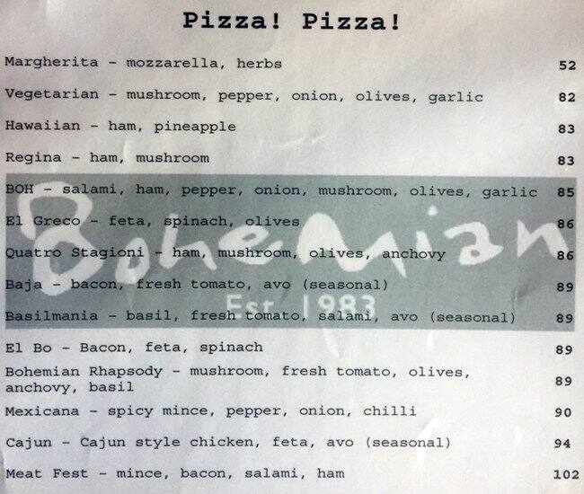 Menu at Bohemian Pool and Pizza Bar, Johannesburg
