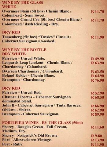 Menu at Bohemian Pool and Pizza Bar, Johannesburg