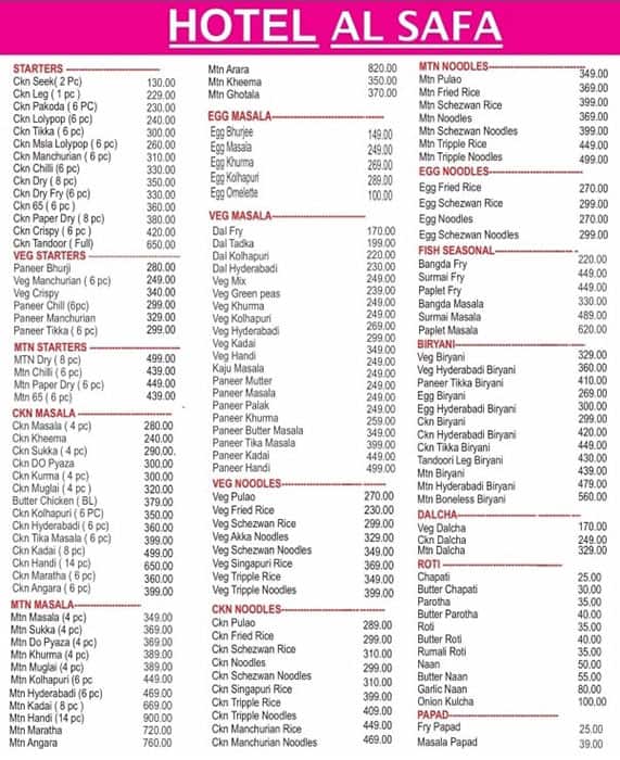 Menu of Al Safa, Lohegaon, Pune