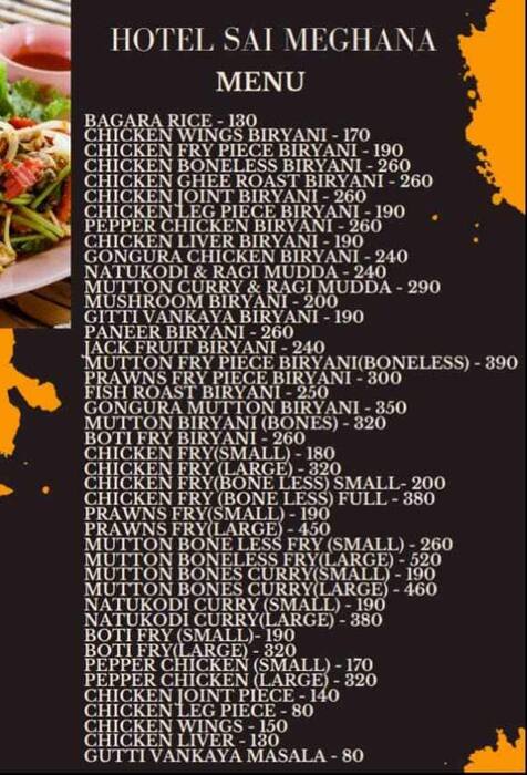 Menu of Hotel Sai Meghana, Kukatpally, Hyderabad