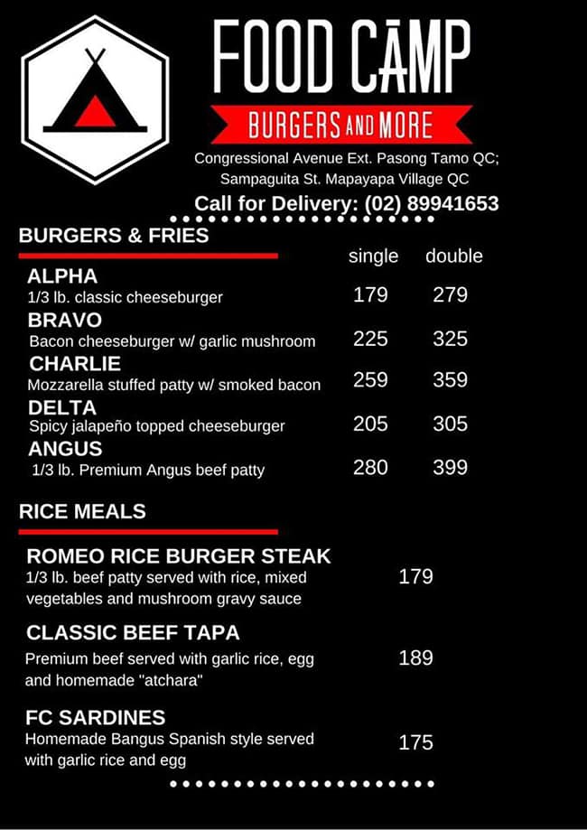 Menu at Food Camp restaurant, Quezon City, Lot 32 Block 1-A