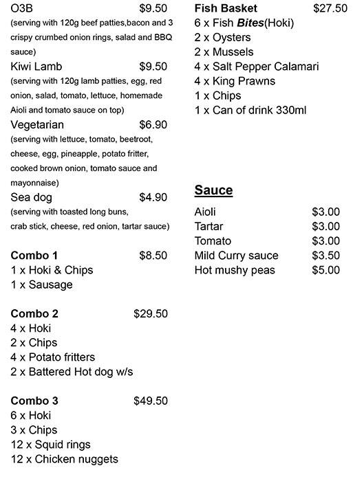 Menu at Fish Stop Glen Eden restaurant, Auckland
