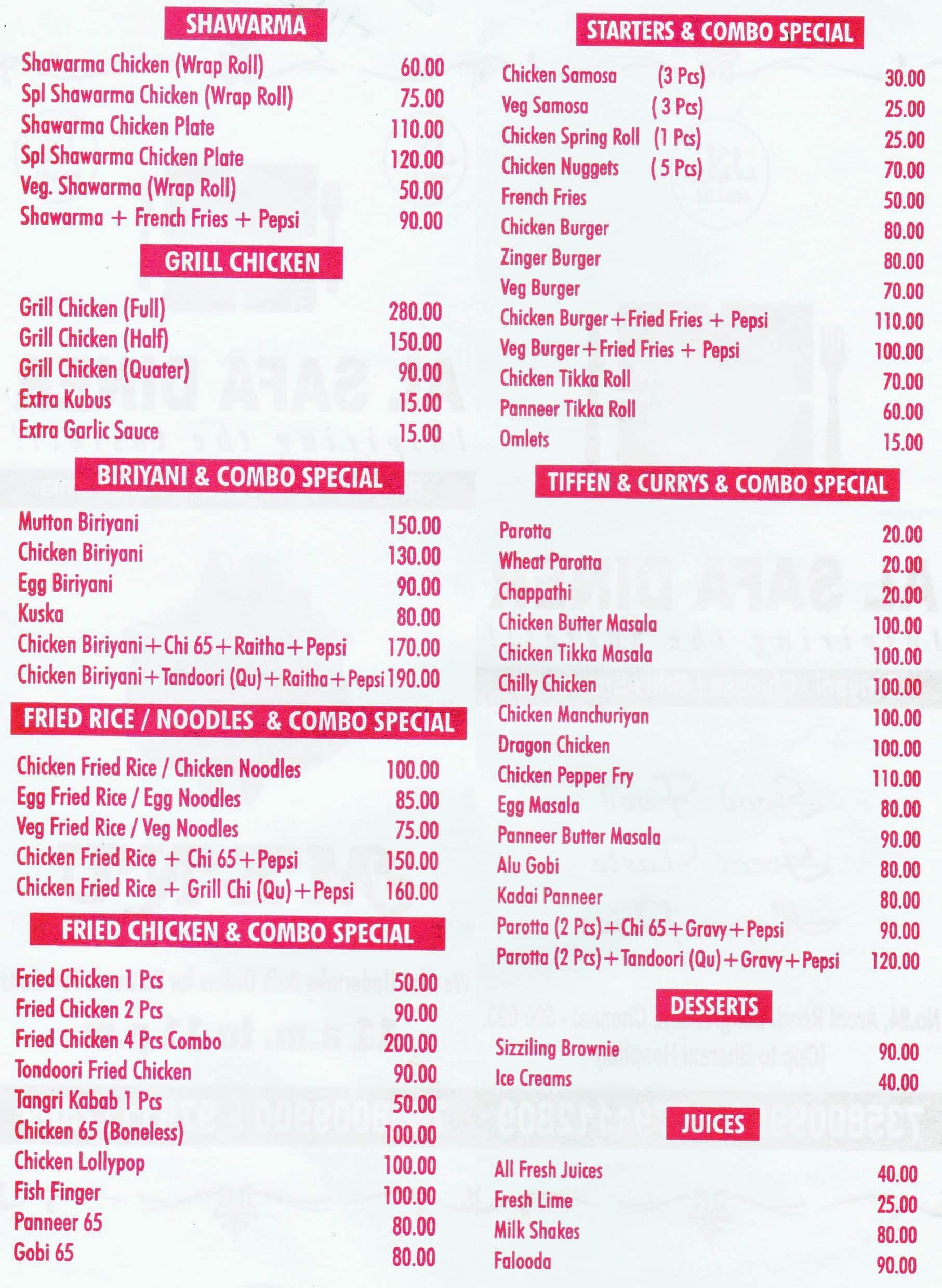 Menu at AL SAFA, Chennai, 94 Arcot Road Saligramam
