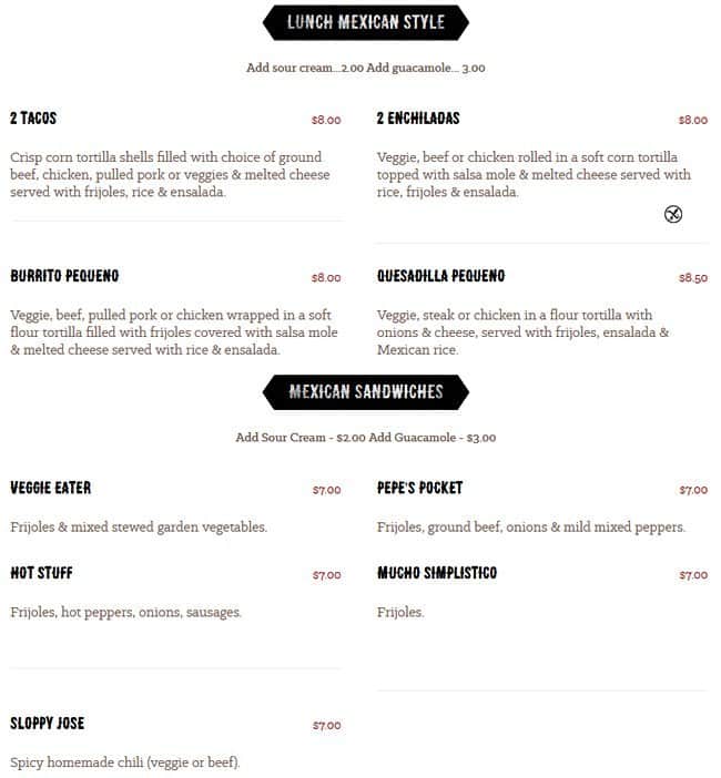 Menu at Sneaky Dee's pub & bar, Toronto