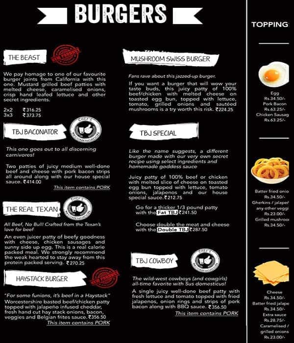 Menu of The Burger Junction, Edappally, Kochi
