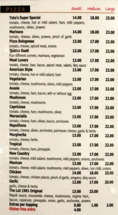 Menu at Toto's Pizza House pizzeria, Carlton, 101 Lygon St