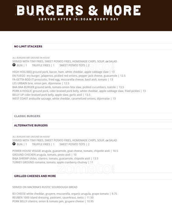 Menu at B3 Breakfast & Burger Bar, Lynnwood