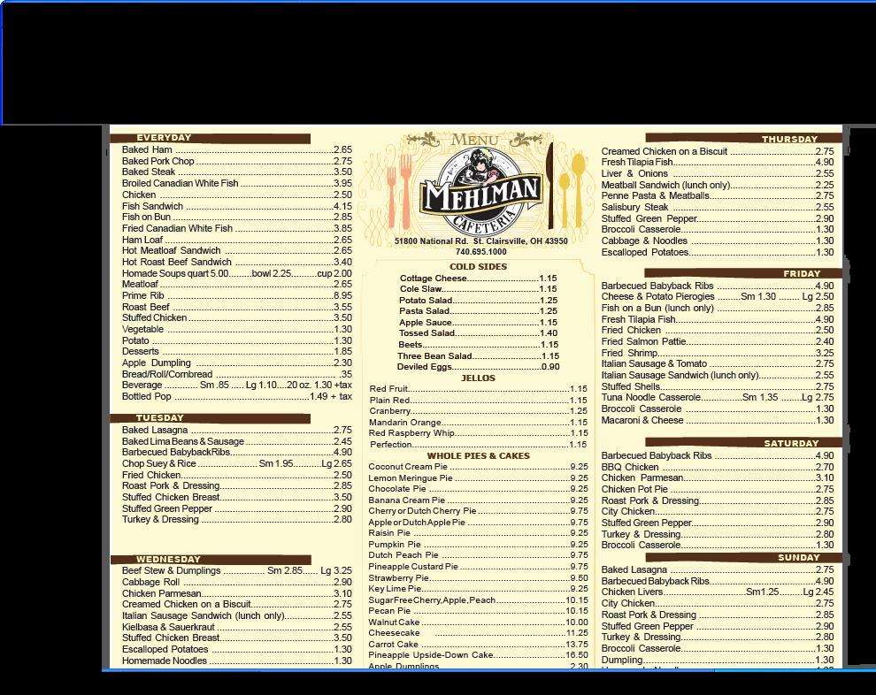 Menu at Mehlman's Cafeteria, Saint Clairsville
