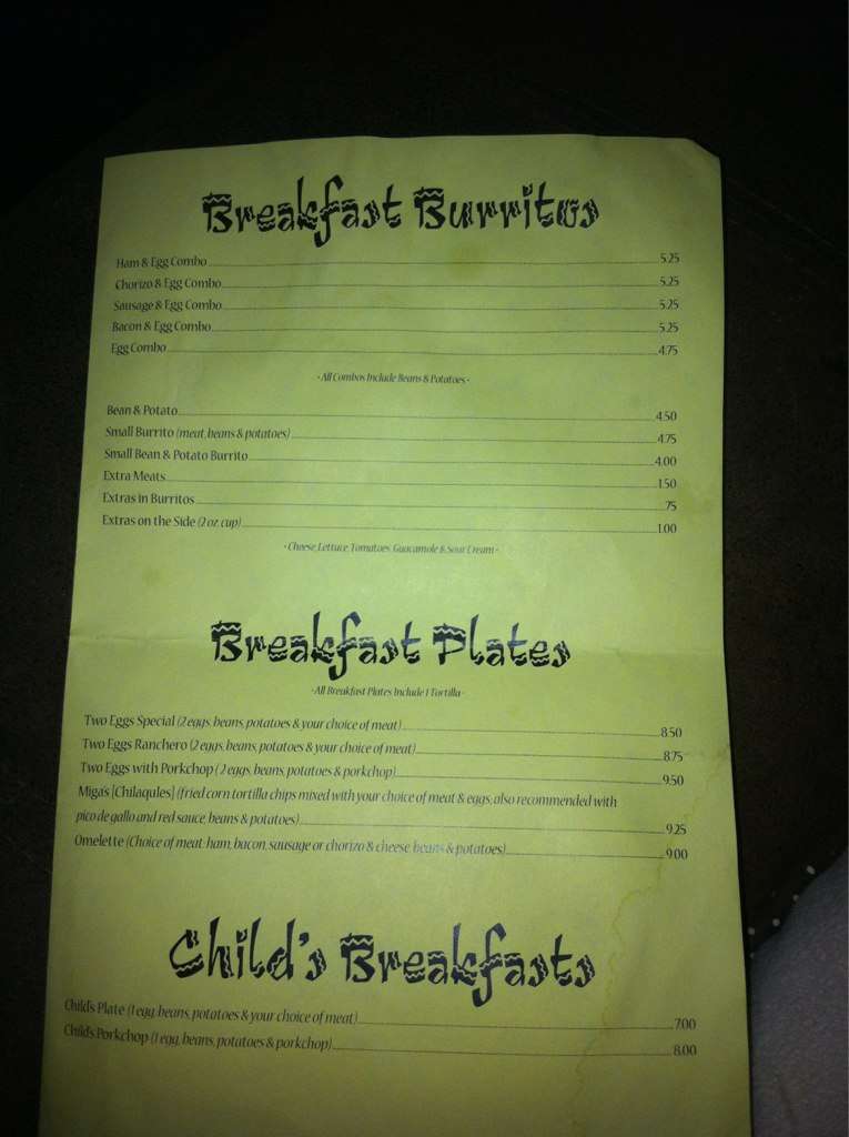 Menu at Severiana Sanchez Burritos restaurant, Wichita Falls