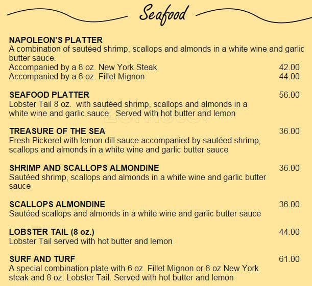 Menu at Napoleon’s Steak & Seafood steakhouse, Burlington