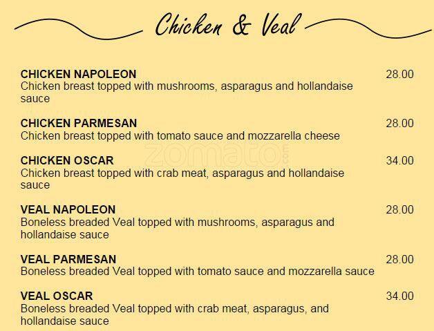 Menu at Napoleon’s Steak & Seafood steakhouse, Burlington
