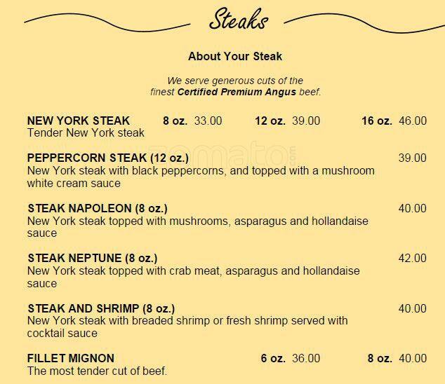 Menu at Napoleon’s Steak & Seafood steakhouse, Burlington
