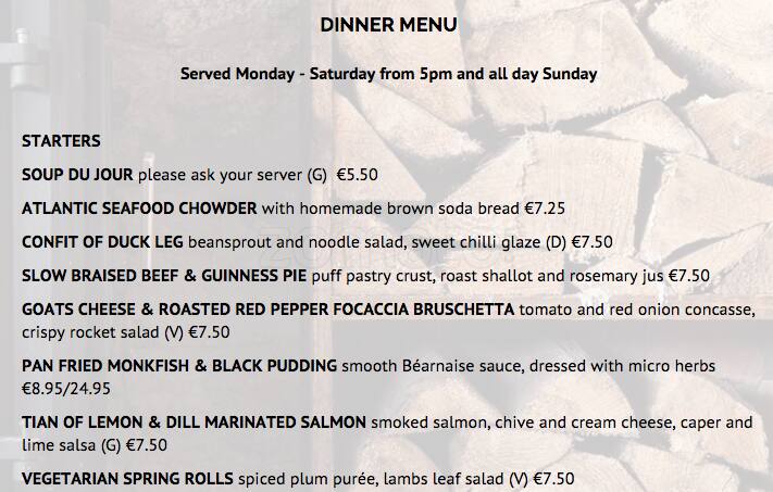 Menu at Ocean Bar & Grill, Bray