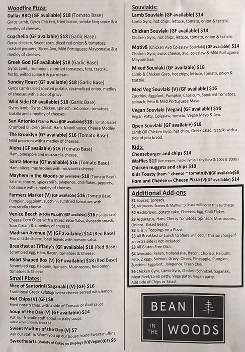 Menu at Bean In The Woods cafe, Ringwood