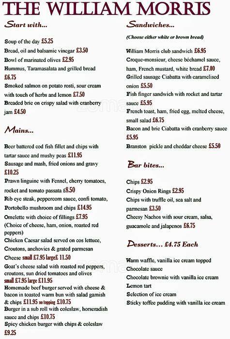 Menu at William Morris pub & bar, London, 20 Watermill Way