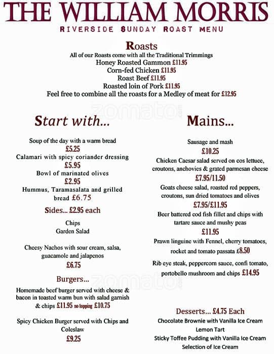 Menu at William Morris pub & bar, London, 20 Watermill Way