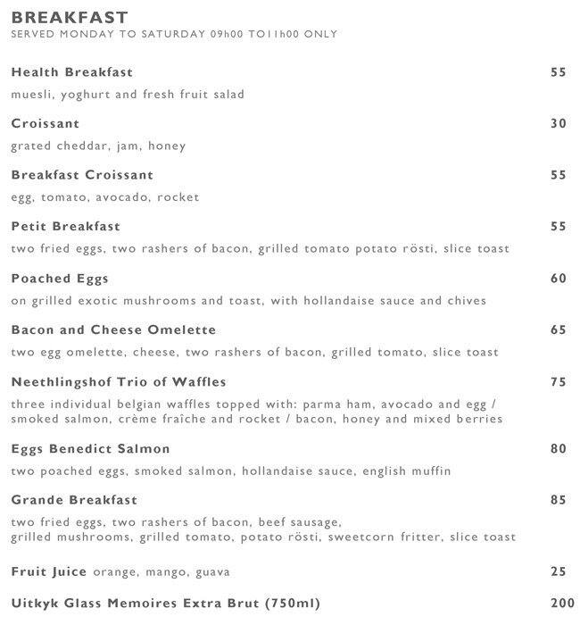 Menu at The Restaurant At Neethlingshof, Stellenbosch