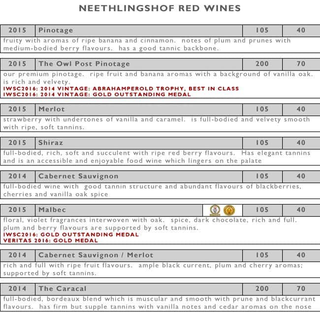 Menu at The Restaurant At Neethlingshof, Stellenbosch