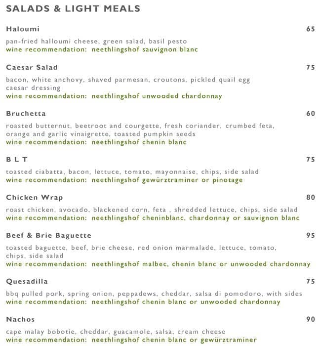 Menu at The Restaurant At Neethlingshof, Stellenbosch