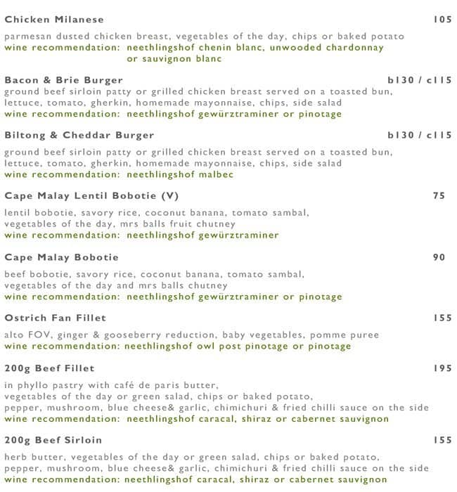 Menu at The Restaurant At Neethlingshof, Stellenbosch
