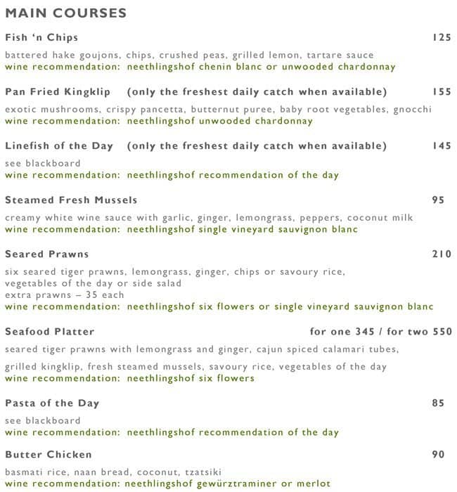 Menu at The Restaurant At Neethlingshof, Stellenbosch