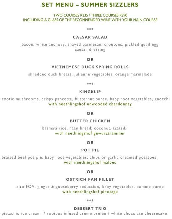 Menu at The Restaurant At Neethlingshof, Stellenbosch