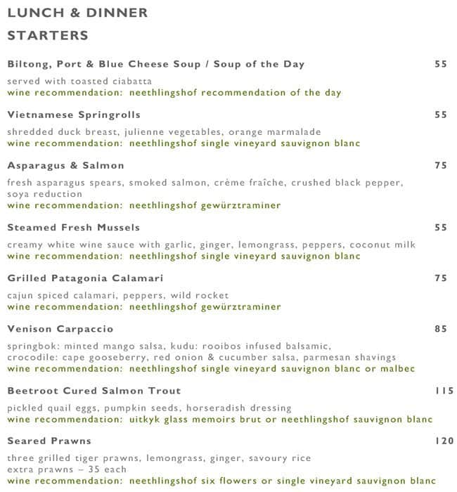 Menu at The Restaurant At Neethlingshof, Stellenbosch