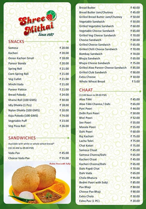 Menu at Shree Mithai, Chennai, S-85