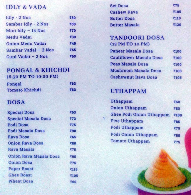 Menu of Geetha Cafe, T. Nagar, Chennai