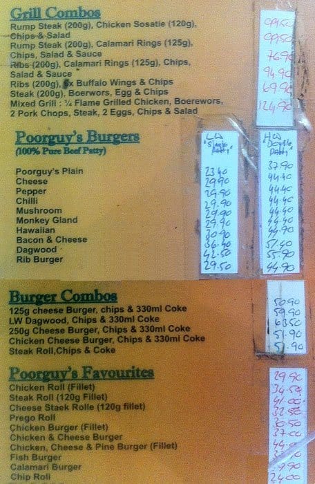 Menu at Poorboys restaurant, Pretoria, Highveld Park Shopping Centre