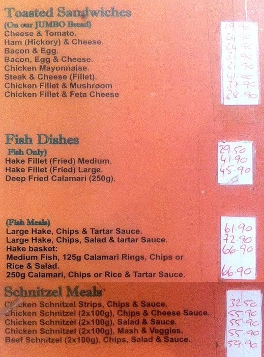 Menu at Poorboys restaurant, Pretoria, Highveld Park Shopping Centre