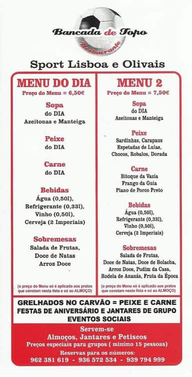 Menu at Bancada de Topo restaurant, Lisbon