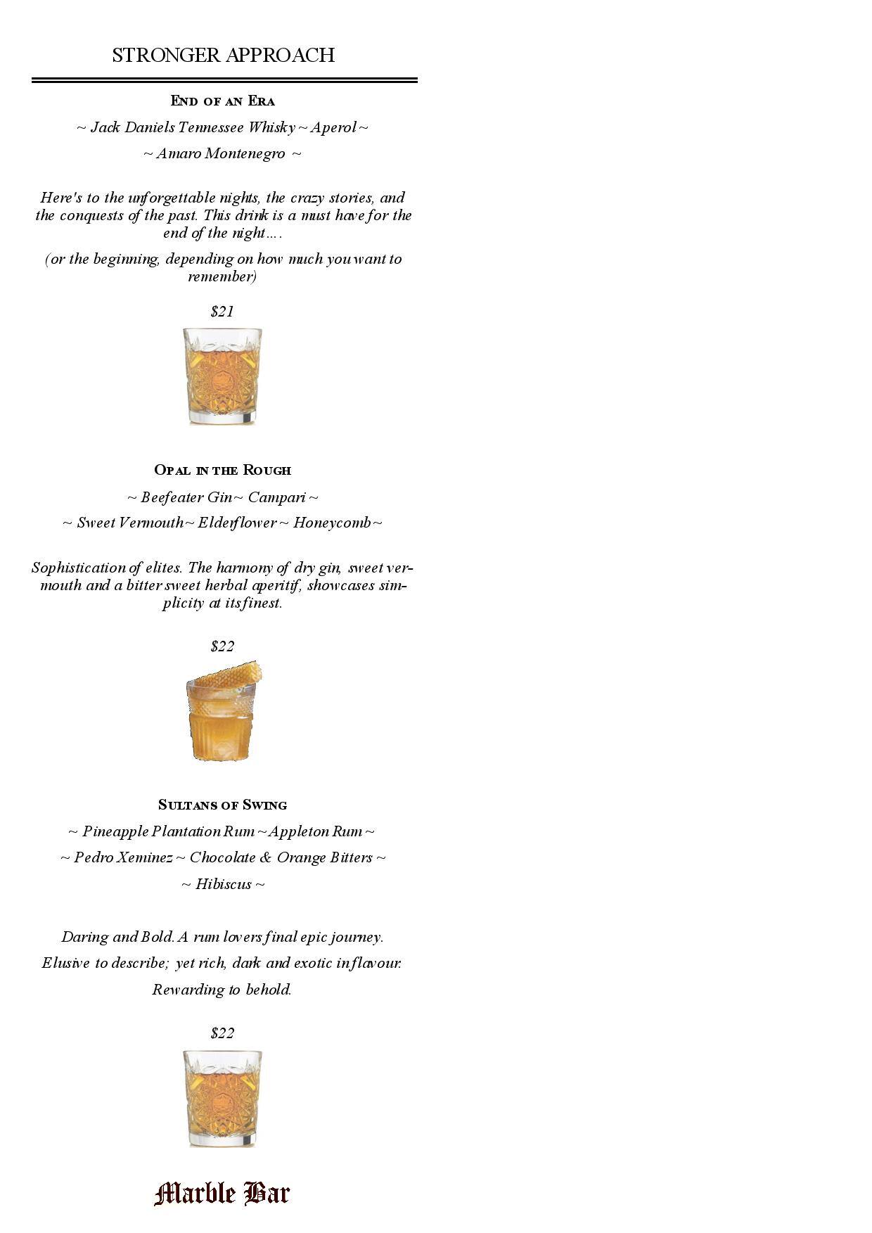 Menu at Marble Bar, Sydney