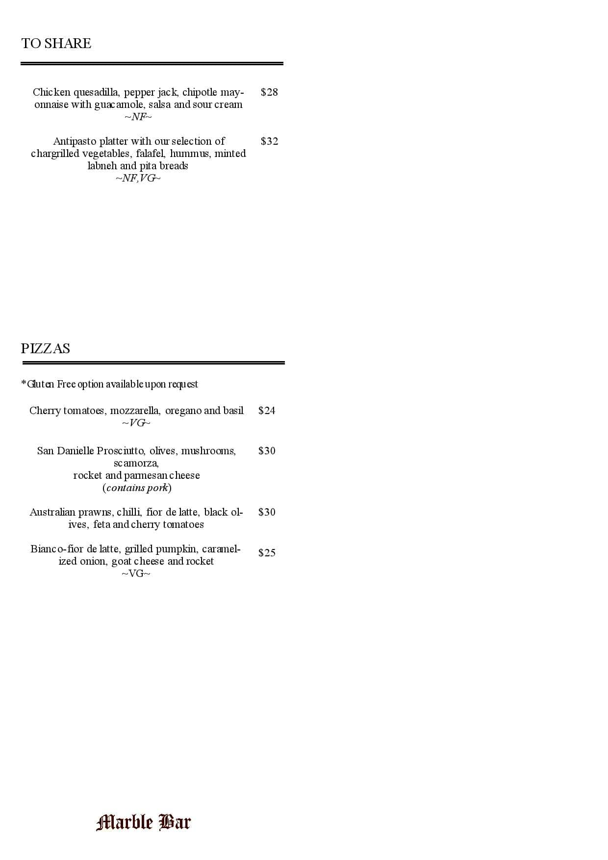 Menu at Marble Bar, Sydney