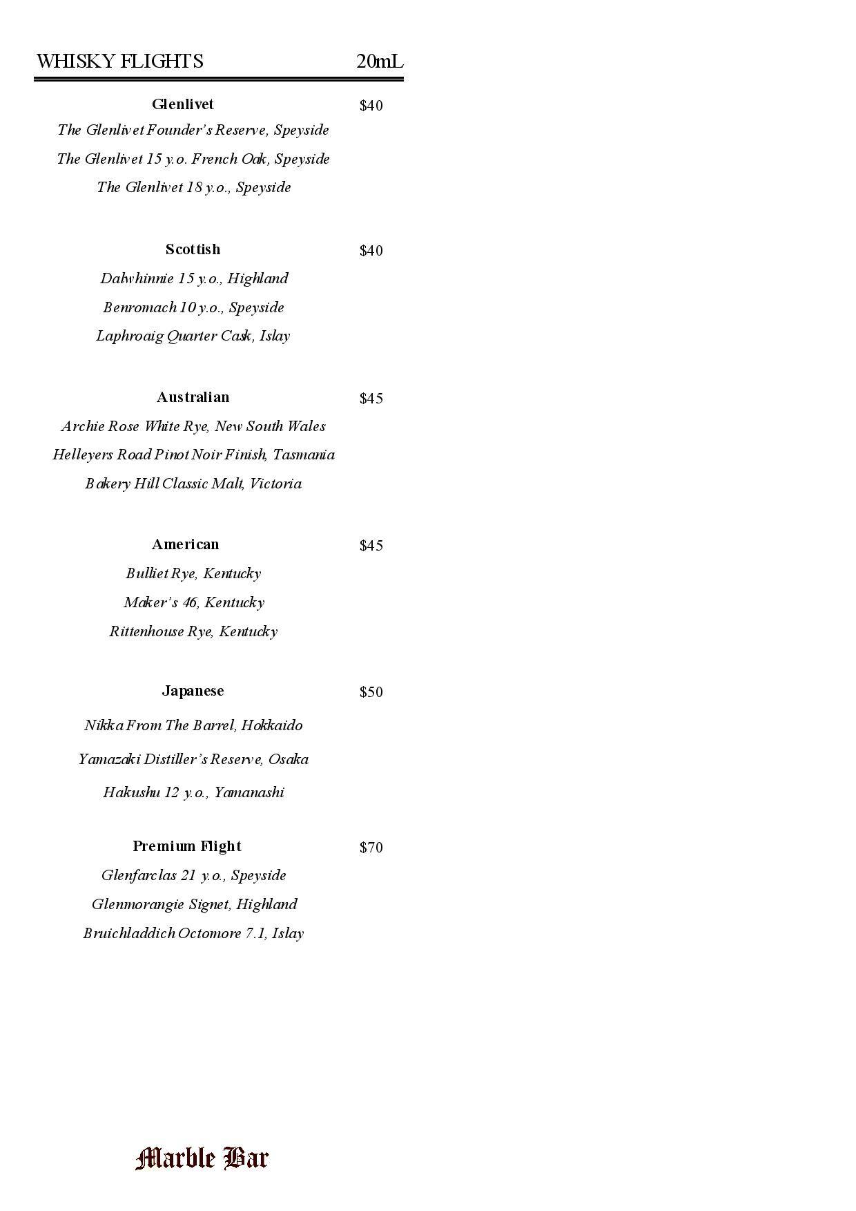 Menu at Marble Bar, Sydney