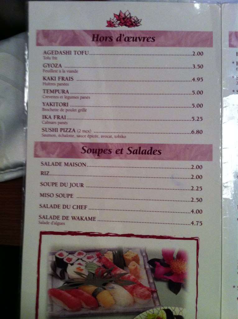 Menu au Restaurant Tokyo, Québec