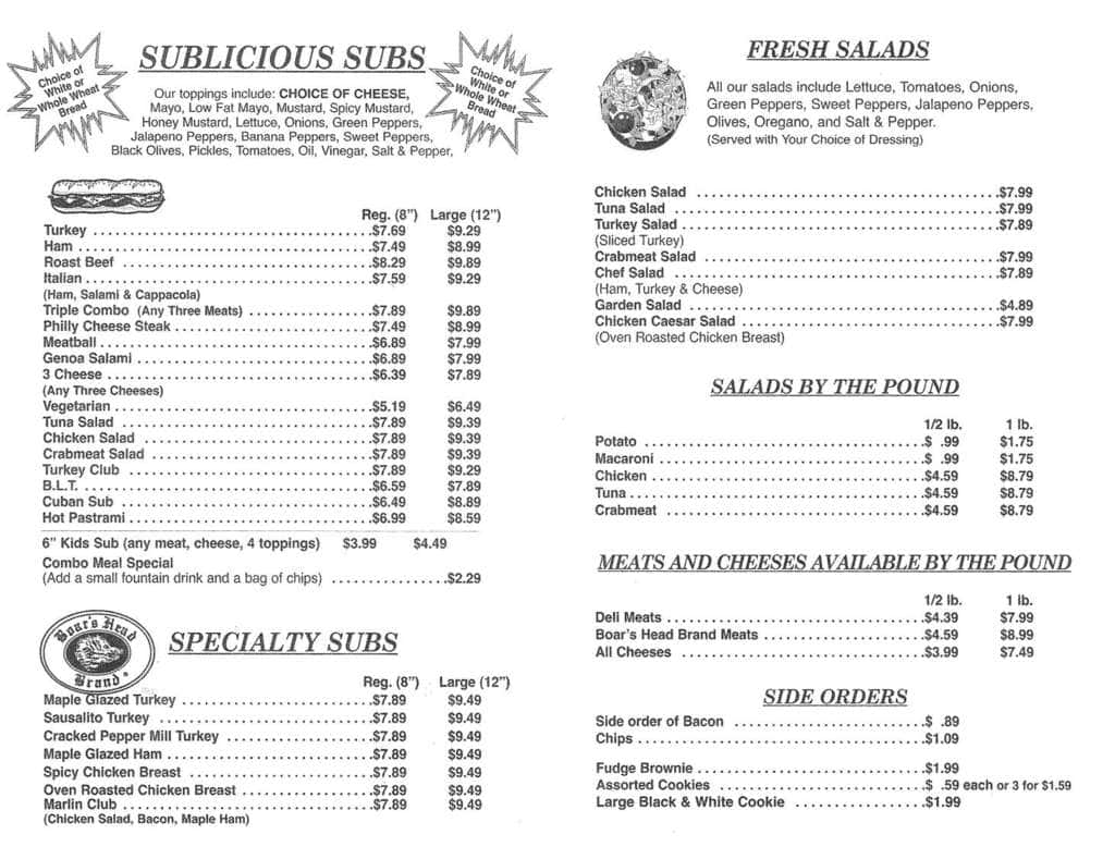 Menu at Sublicious restaurant, Cooper City