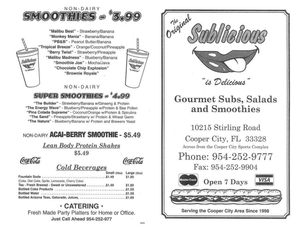 Menu at Sublicious restaurant, Cooper City