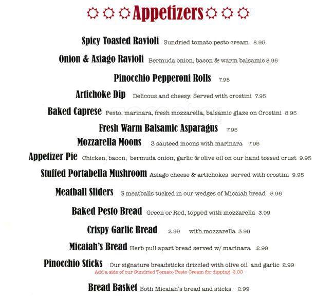 Menu at Pinocchio's restaurant, Longmont, 210 Ken Pratt Blvd #260