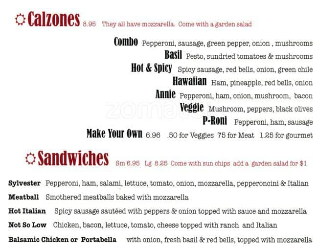 Menu at Pinocchio's restaurant, Longmont, 210 Ken Pratt Blvd #260