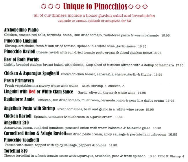 Menu at Pinocchio's Italian Eatery restaurant, Brighton