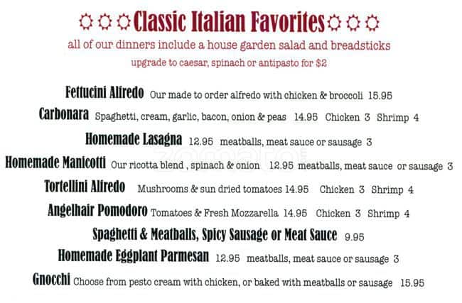 Menu at Pinocchio's Italian Eatery restaurant, Brighton