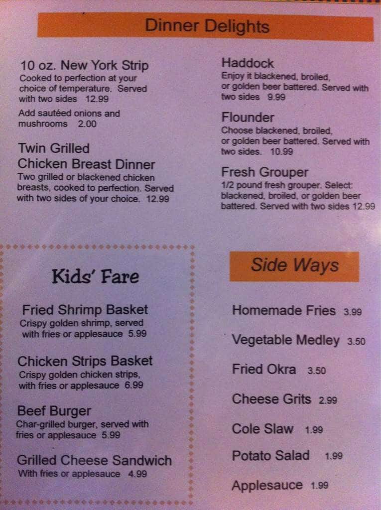 Carta del restaurante State Street Diner, Bunnell