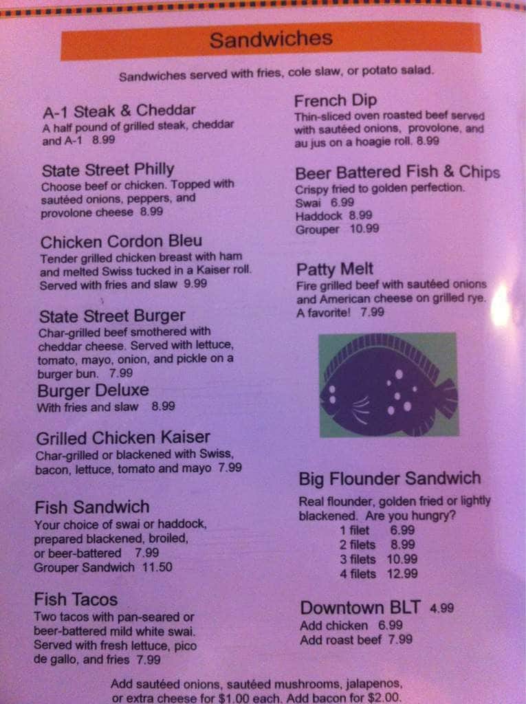 Carta del restaurante State Street Diner, Bunnell